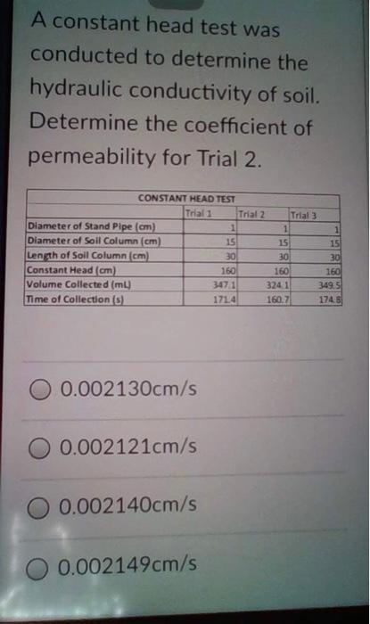 Solved A constant head test wasconducted to determine | Chegg.com