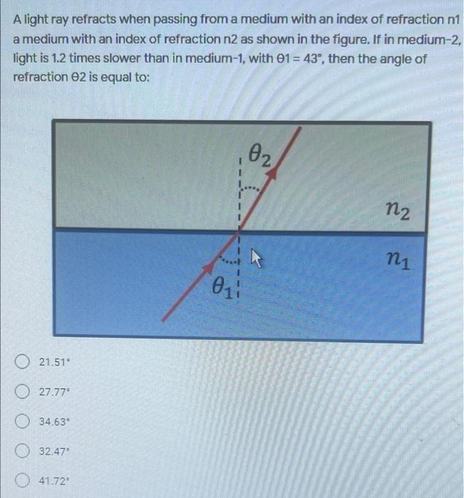 Solved A light ray refracts when passing from a medium with | Chegg.com