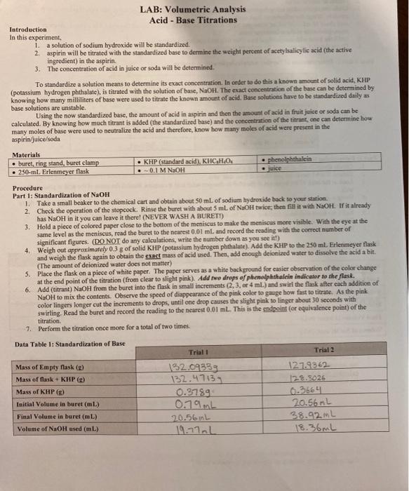 LAB: Volumetric Analysis Acid - Base Titrations | Chegg.com