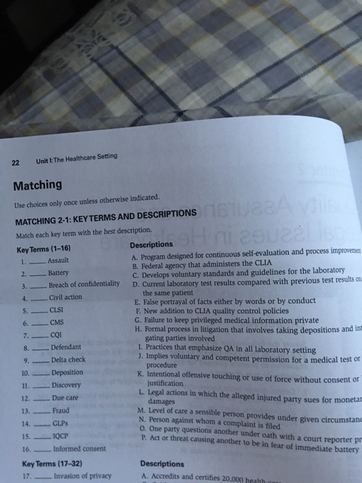 Solved 22 Unit : The Healthcare Setting Matching Use choices | Chegg.com