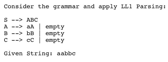 Solved Consider the grammar and apply LL1 Parsing: S --> ABC | Chegg.com