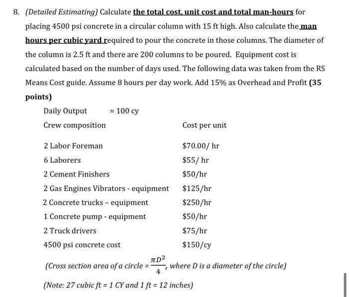 Solved 8. (Detailed Estimating) Calculate the total cost, | Chegg.com