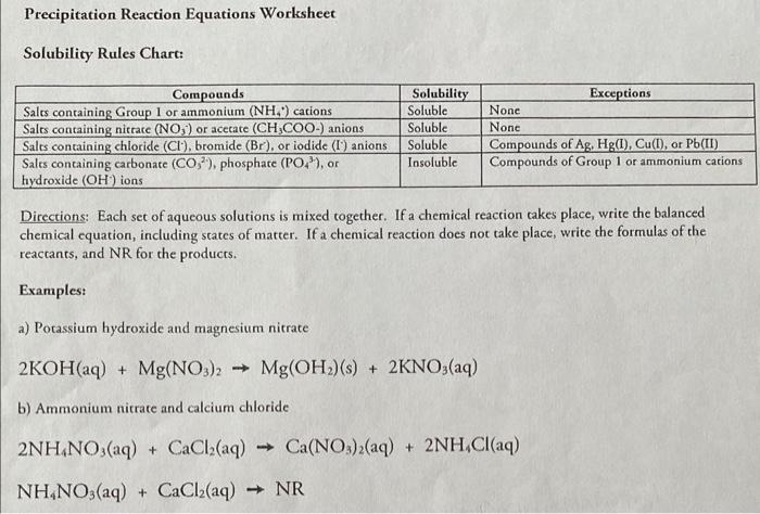Solved Precipitation Reaction Equations Worksheet Solubility | Chegg.com