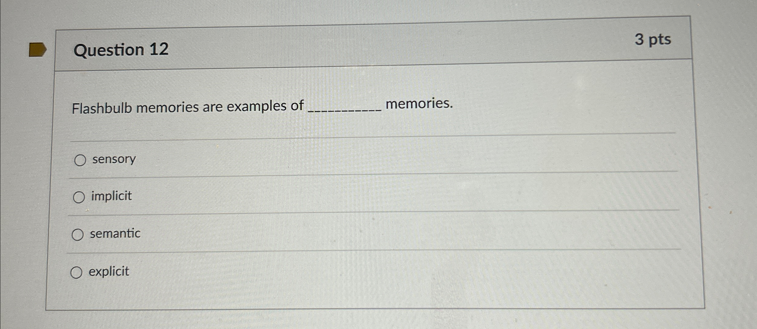 Solved Question 123 ﻿ptsFlashbulb memories are examples of | Chegg.com