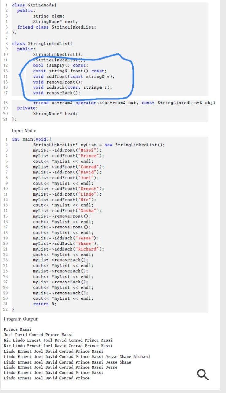 Solved 1 class StringNode{ 2 public: 3 string elem; 4 String | Chegg.com