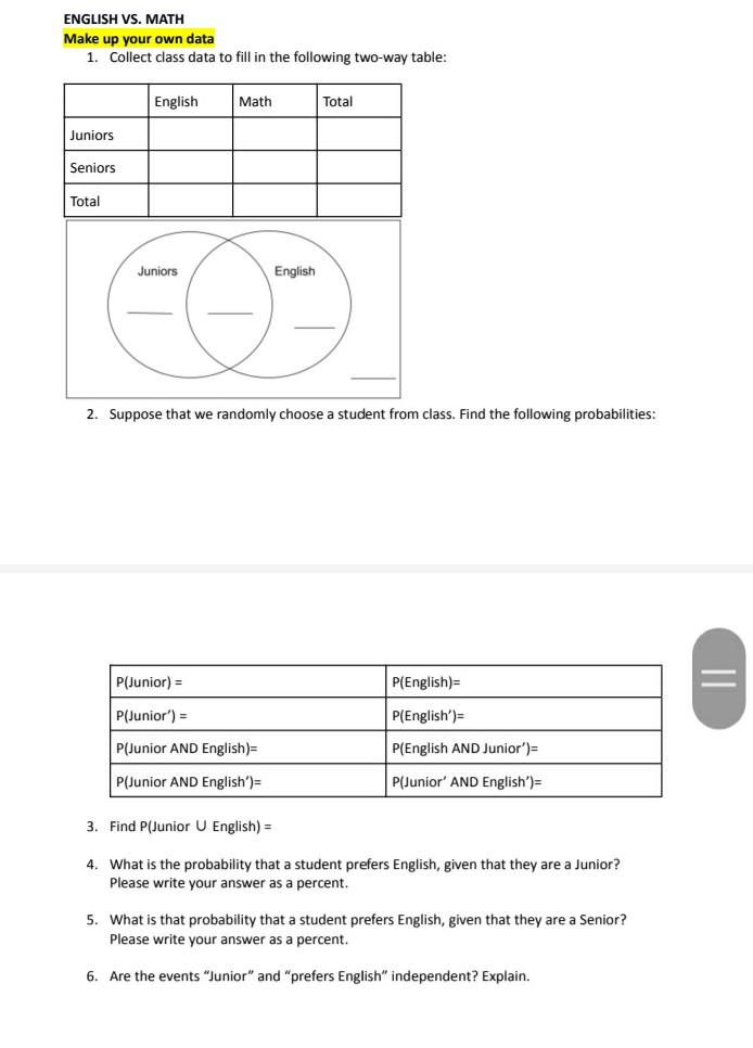 Solved ENGLISH VS. MATH Make up your own data 1. Collect | Chegg.com