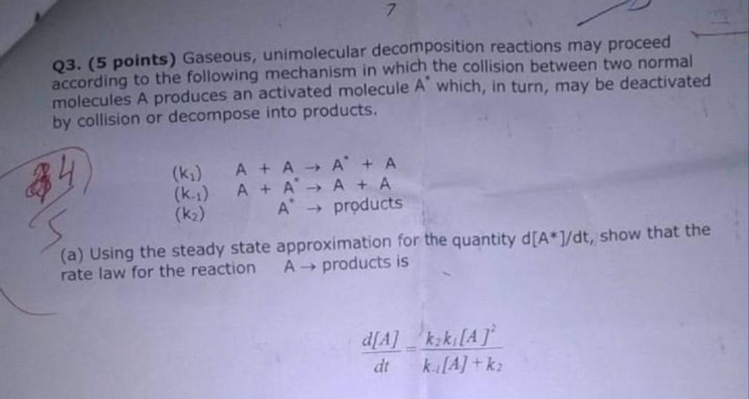 Solved Q3 5 Points Gaseous Unimolecular Decomposition