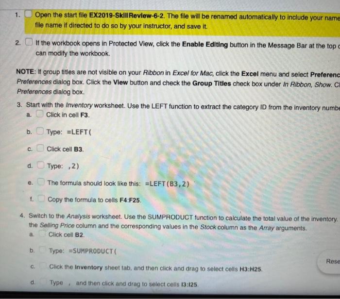 Solved 1. Open the start file EX2019-SkillReview-6-2. The | Chegg.com