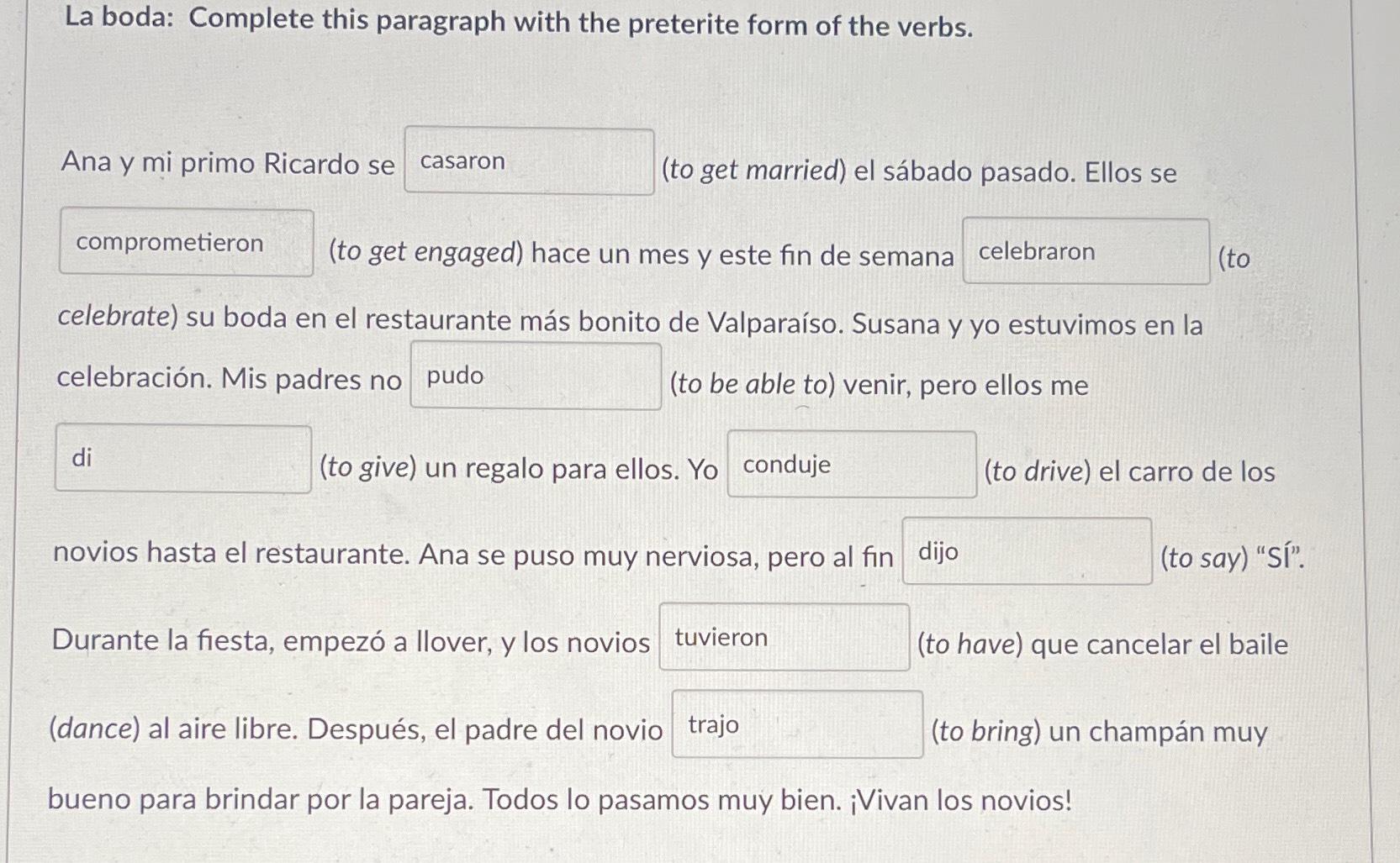 Solved La boda: Complete this paragraph with the preterite | Chegg.com