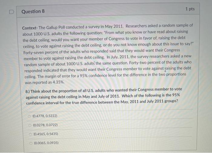 Solved 1 pts Question 8 Context- The Gallup Poll conducted a | Chegg.com