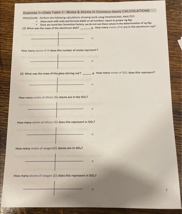 Exercise 1-Data Table 1: Moles \& Atoms in Common | Chegg.com