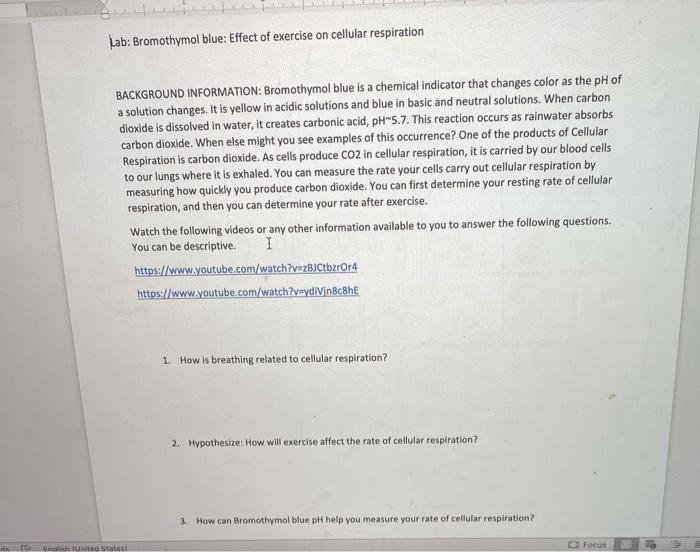 Solved Lab: Bromothymol blue: Effect of exercise on cellular | Chegg.com