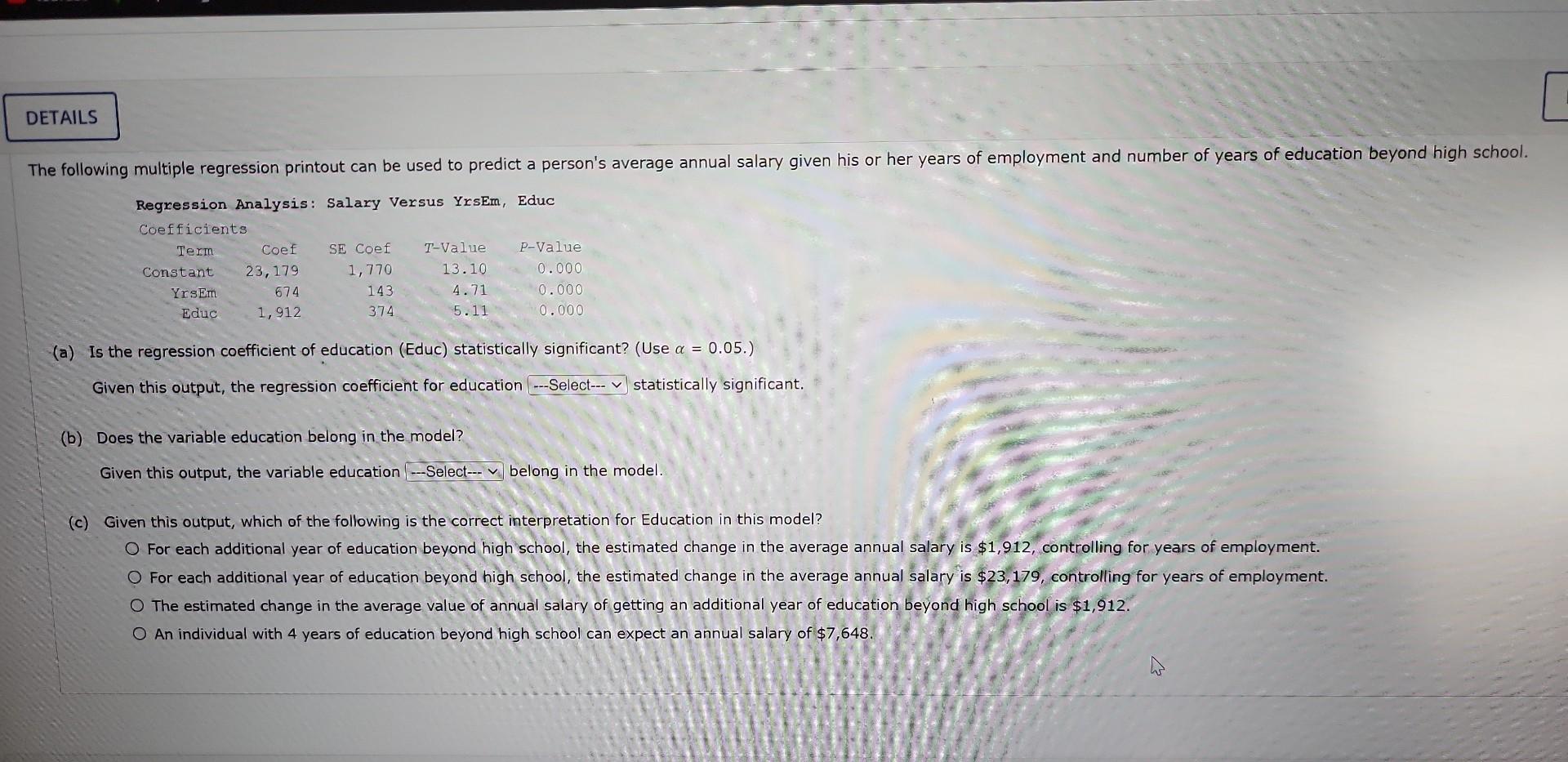 Solved The following multiple regression printout can be | Chegg.com