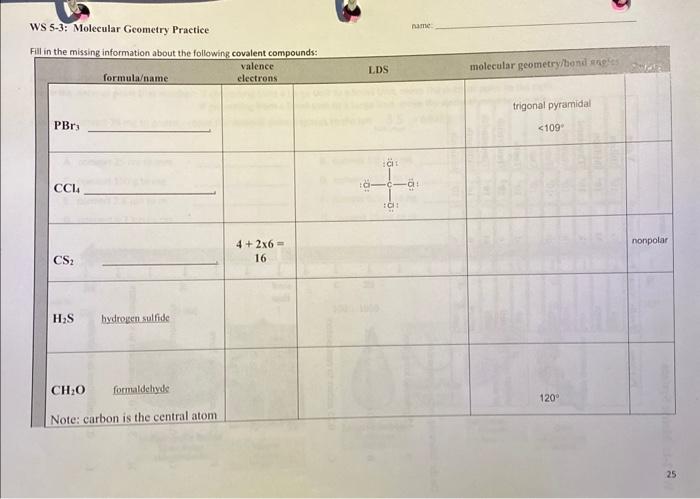 Solved WS 5-3: Molecular Geometry Practice Fill | Chegg.com