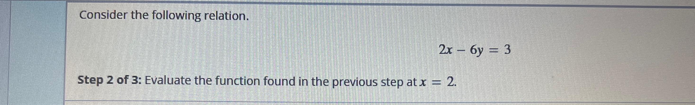 Solved Consider the following relation.2x-6y=3Step 2 ﻿of 3: | Chegg.com