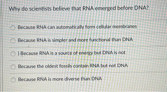 Solved Why do scientists believe that RNA emerged before | Chegg.com