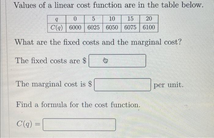Solved Values of a linear cost function are in the table | Chegg.com