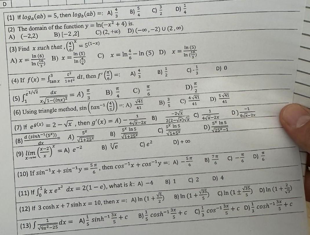 Solved (1) If loga(ab)=5, then logb(ab)=: A) 34 (2) The | Chegg.com
