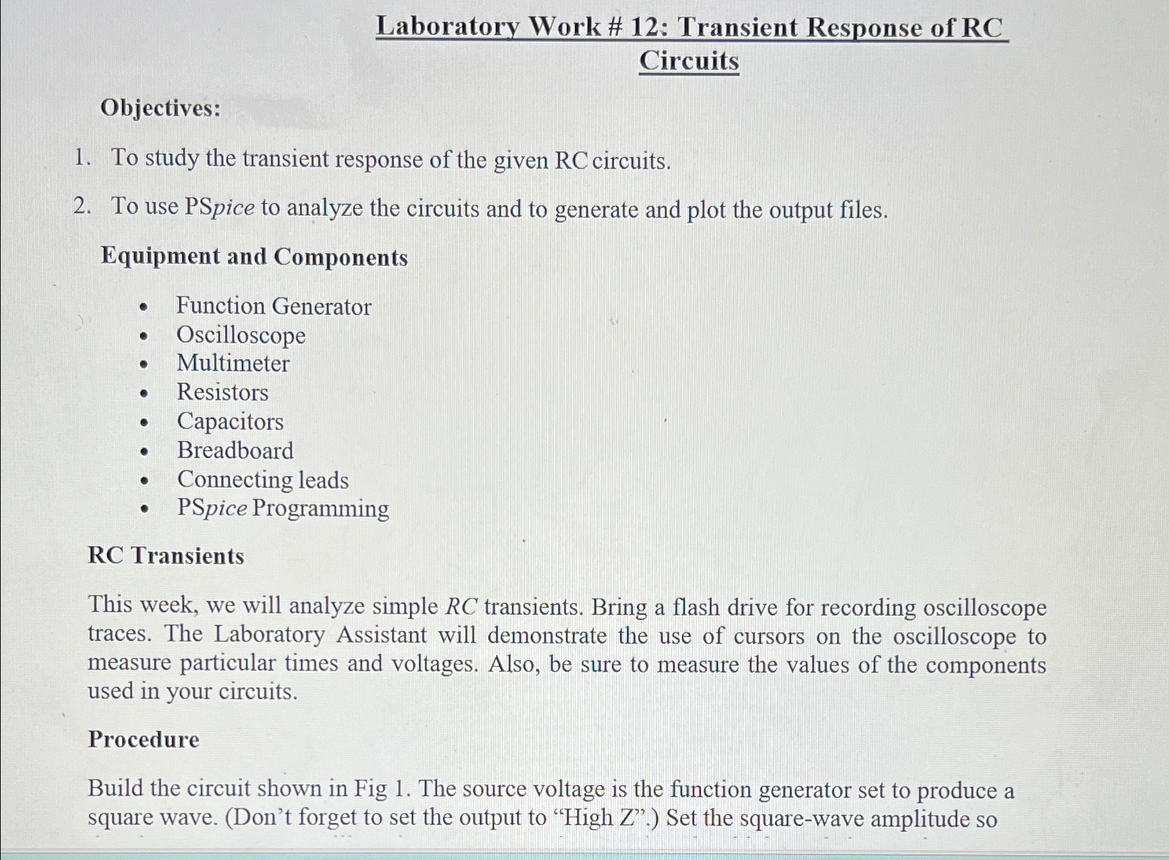 Laboratory Work # 12: Transient Response of RC | Chegg.com