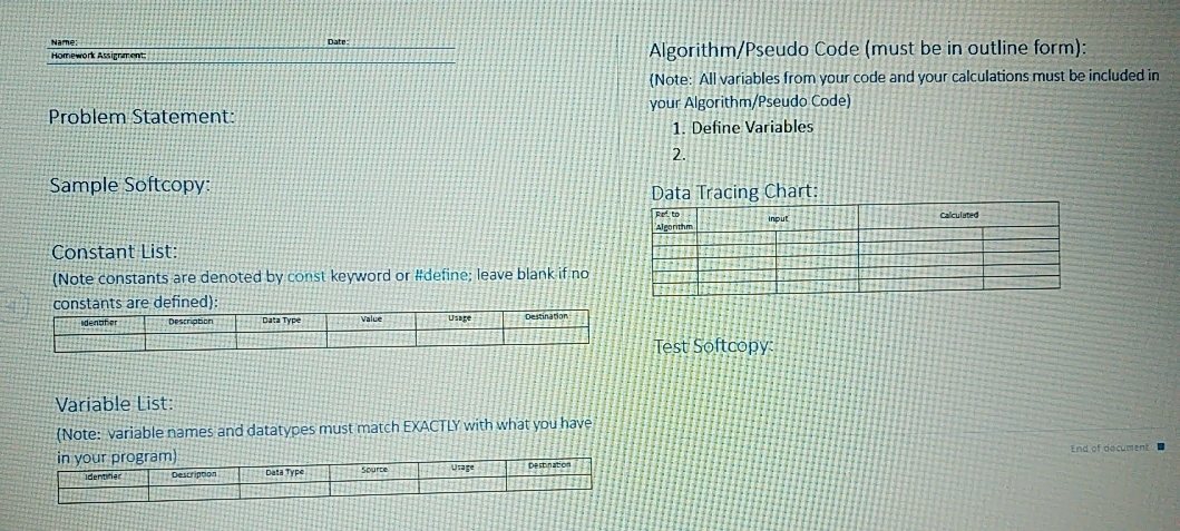 Solved Algorithm/Pseudo Code (must be in outline | Chegg.com