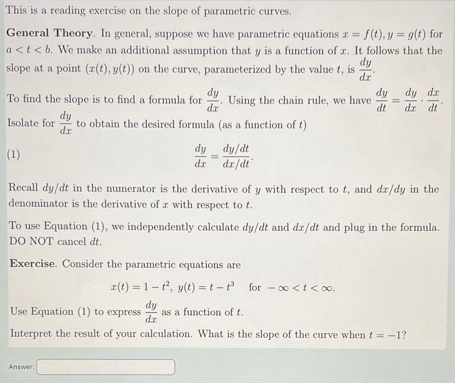 This is a reading exercise on the slope of parametric | Chegg.com