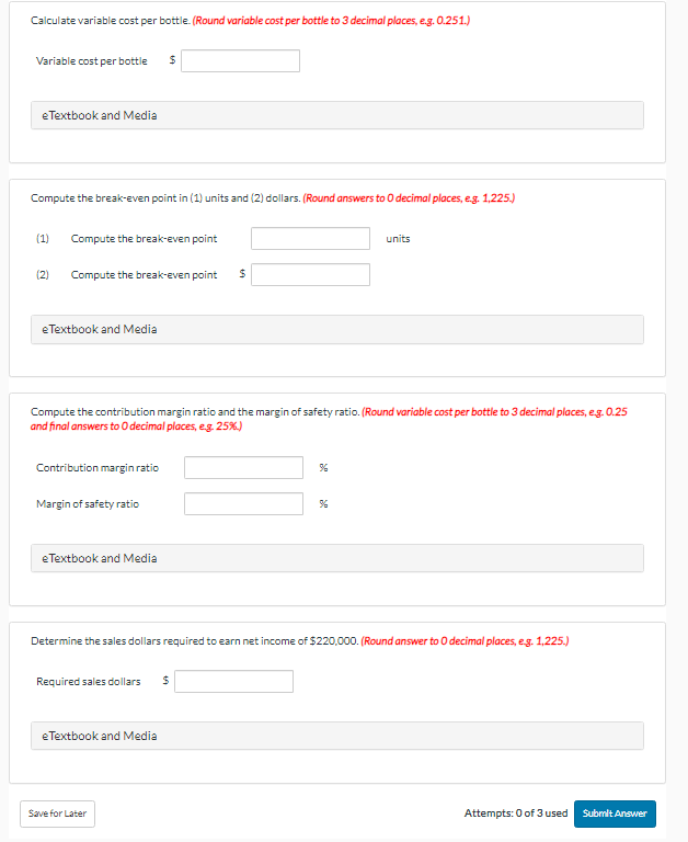 (PART 2)Calculate variable cost per bottle. (Round | Chegg.com