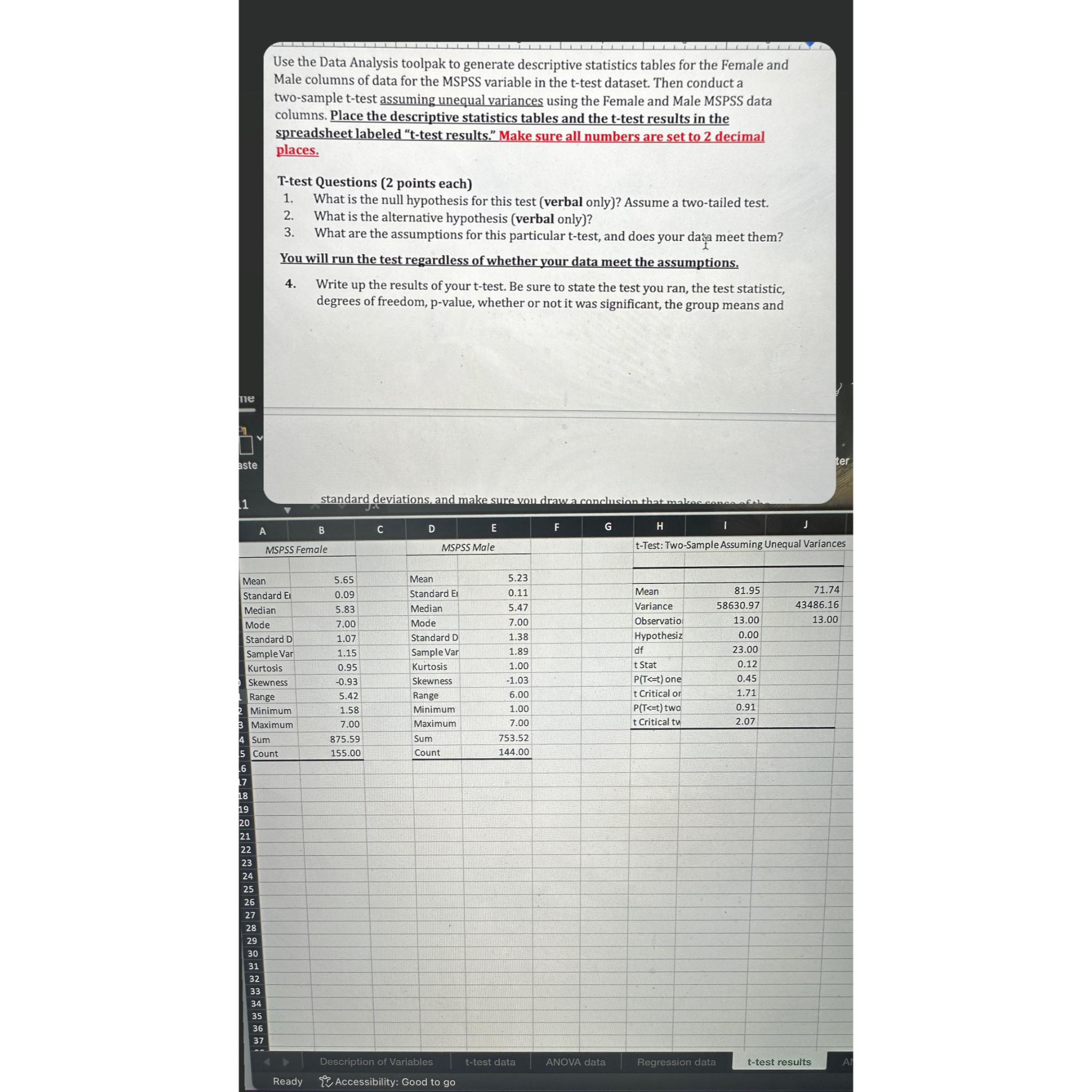 Solved Use the Data Analysis toolpak to generate descriptive | Chegg.com