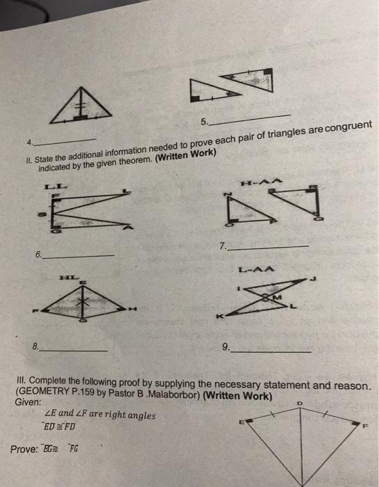 Solved 1. State the congruence theoremon right triangle that | Chegg.com