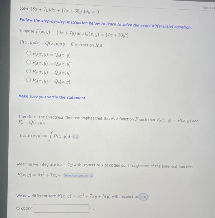Solved Solve (8x+7y)dx+(7x+30y5)dy=0 Follow the step-by-step | Chegg.com