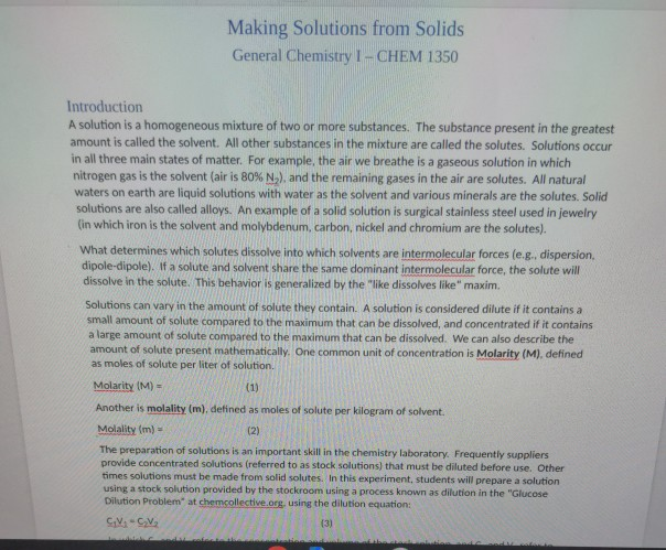 Solved Making Solutions from Solids General Chemistry I - | Chegg.com