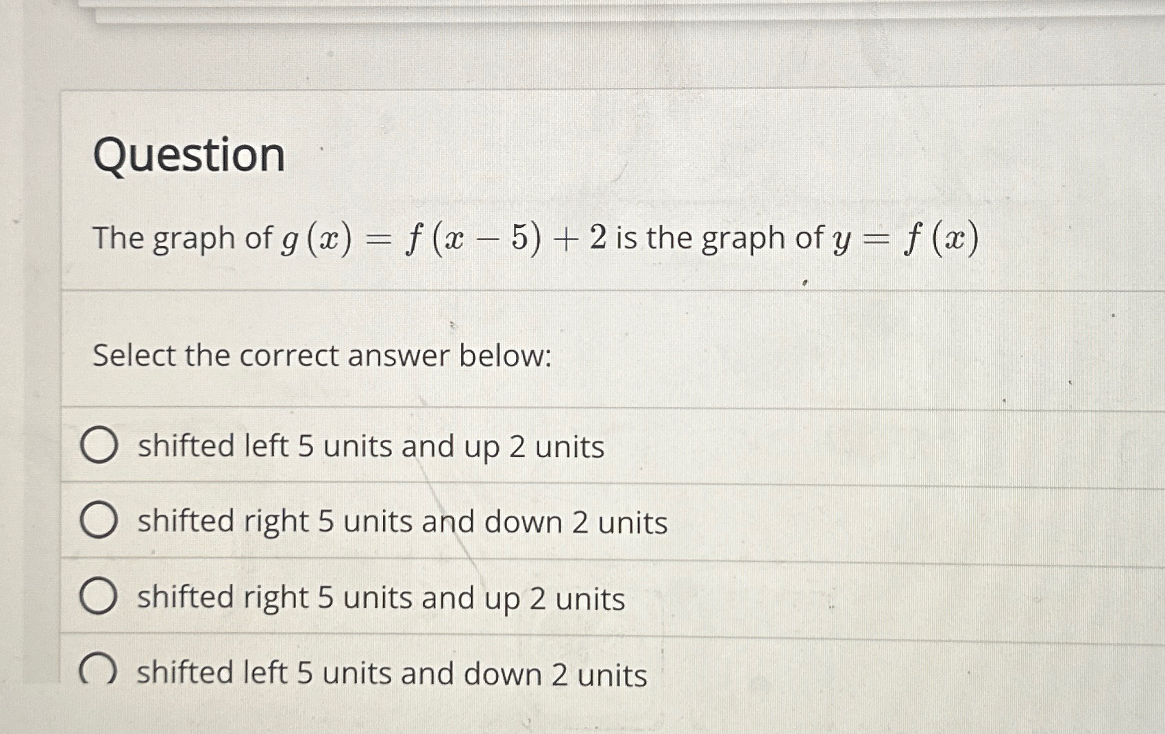 Solved QuestionThe graph of g(x)=f(x-5)+2 ﻿is the graph of | Chegg.com