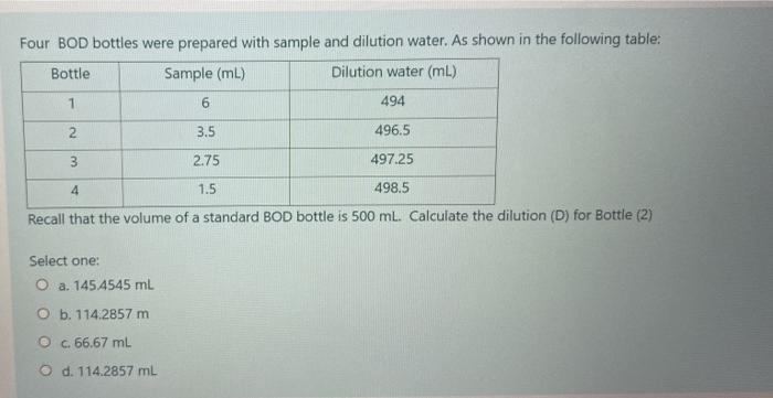 Solved Four BOD bottles were prepared with sample and | Chegg.com