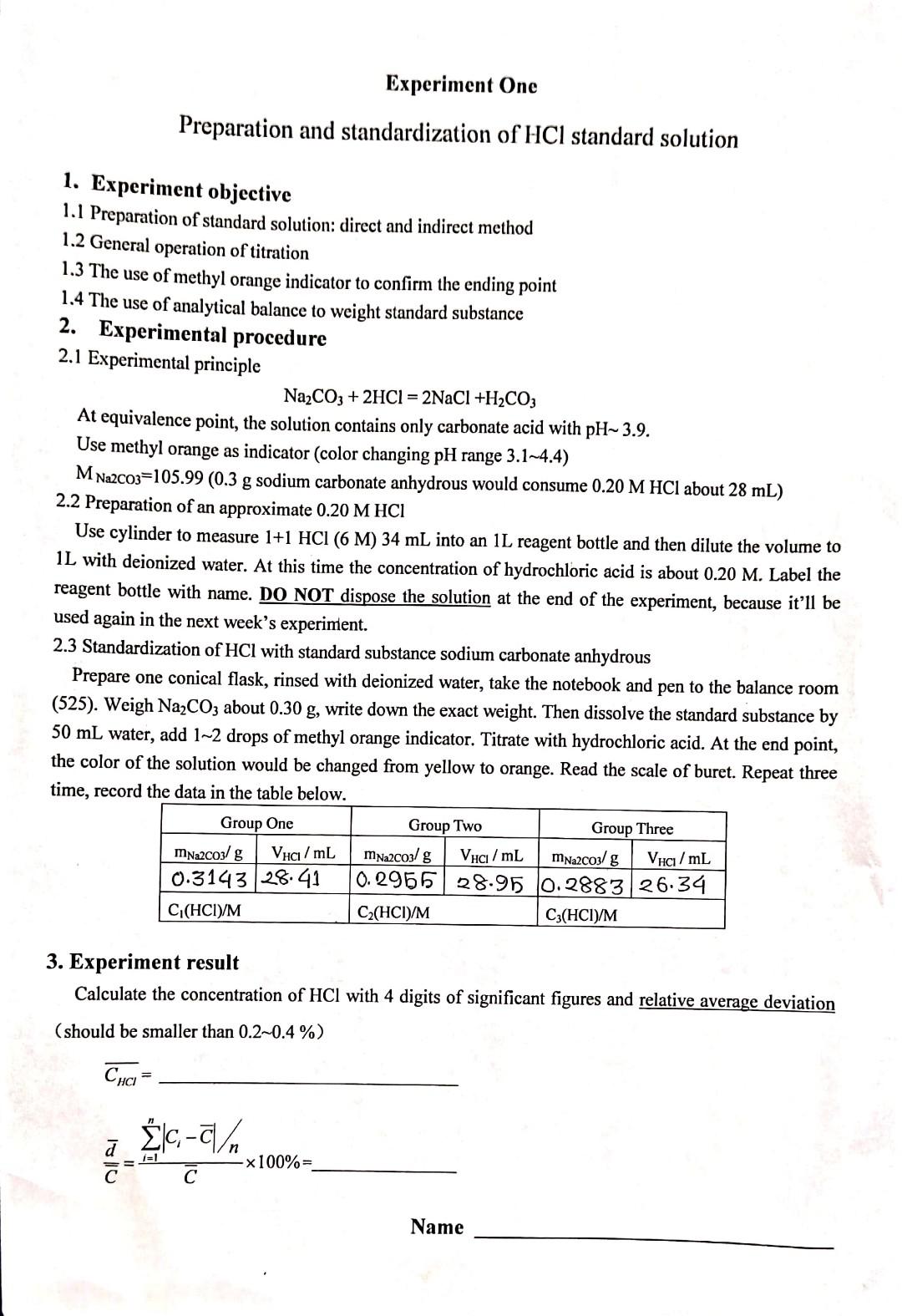 Solved Experiment One Preparation and standardization of HCI | Chegg.com