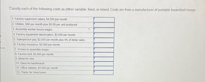 Solved Classify each of the following costs as either | Chegg.com
