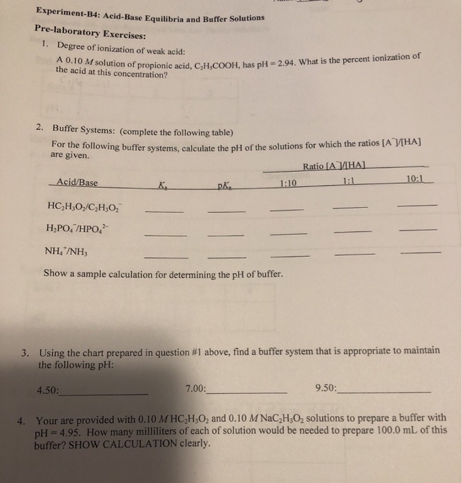 Solved Experiment-B4: Acid-Base Equilibria and Buffer | Chegg.com