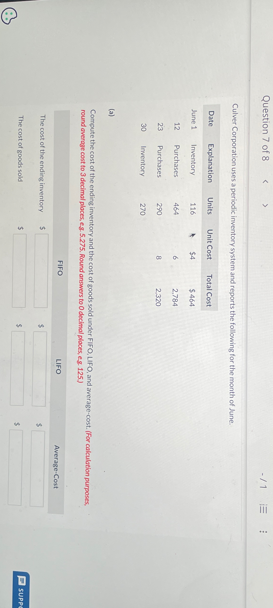 Solved Question 7 ﻿of 8-1vdotsvdotsCulver Corporation uses a | Chegg.com