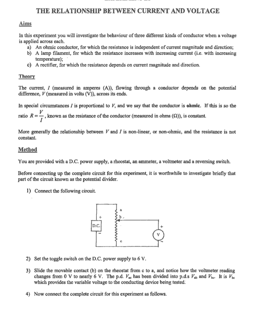 Solved THE RELATIONSHIP BETWEEN CURRENT AND VOLTAGE Aims In | Chegg.com