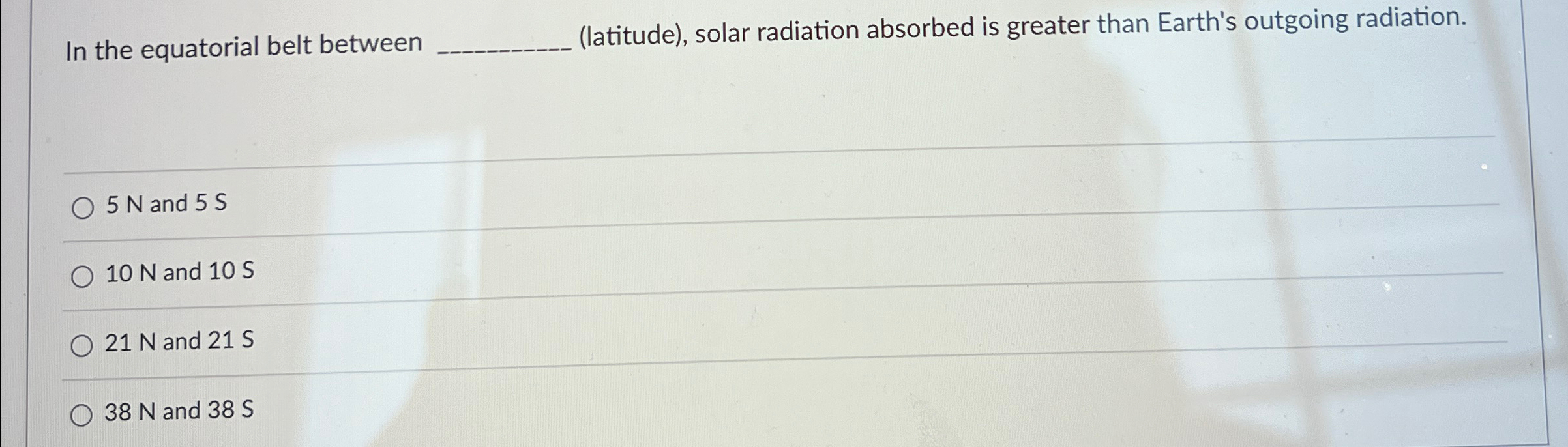 Solved In the equatorial belt between (latitude), ﻿solar | Chegg.com