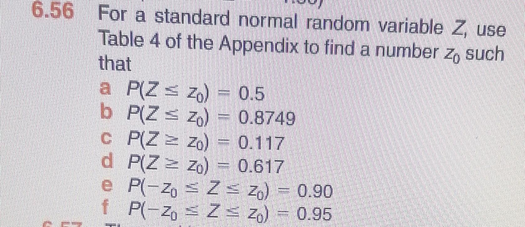 Solved For a standard normal random variable Z, use Table 4 | Chegg.com