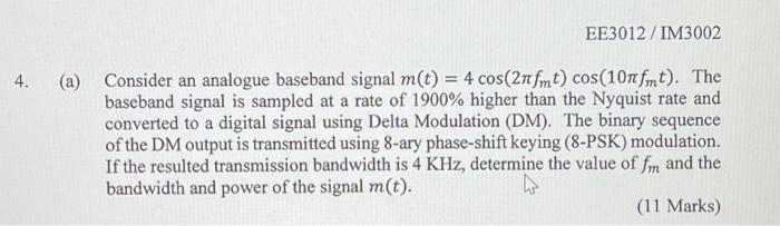 Solved 4. (a) EE3012/IM3002 Consider an analogue baseband | Chegg.com