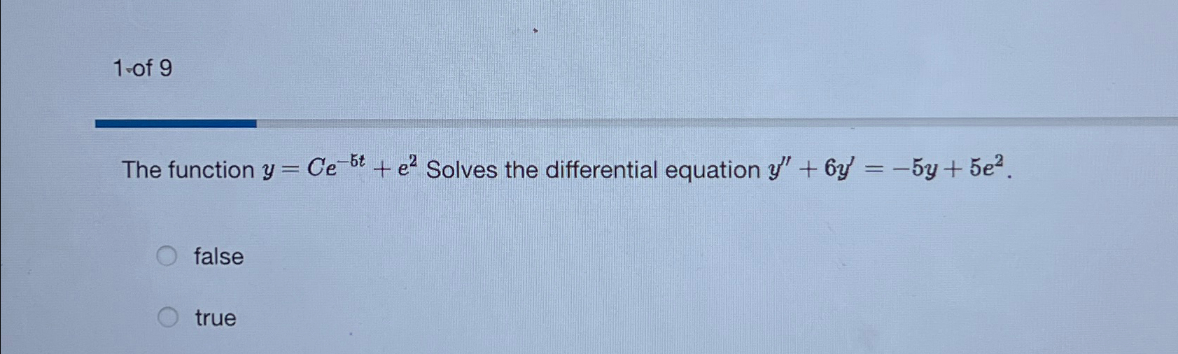 Solved 1.of 9The function y=Ce-5t+e2 ﻿Solves the | Chegg.com