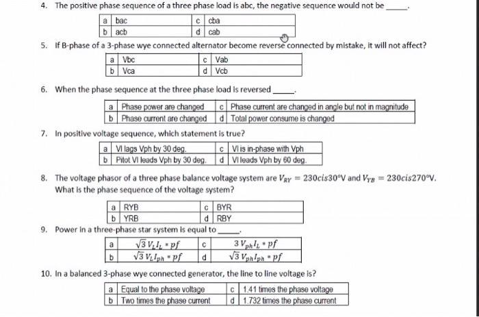 Solved 4. The positive phase sequence of a three phase load | Chegg.com