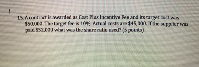 Solved 15. A contract is awarded as Cost Plus Incentive Fee | Chegg.com