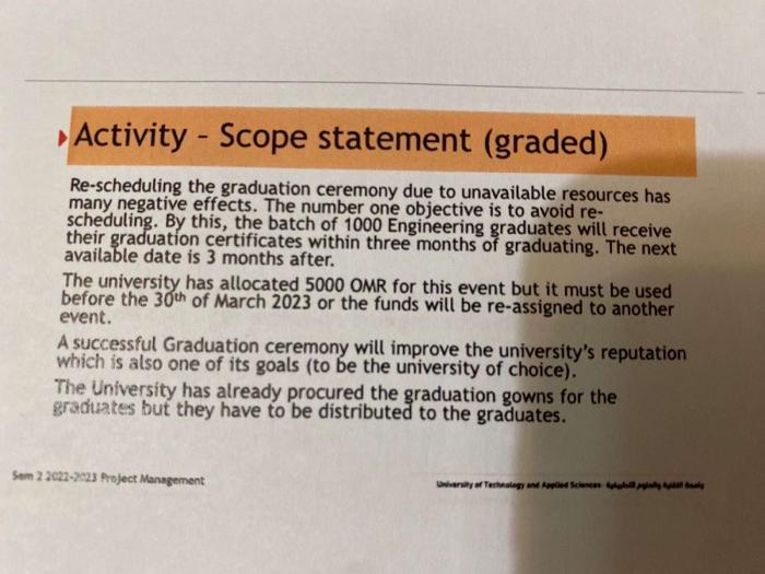 Solved Activity - Scope statement (graded) Re-scheduling the | Chegg.com
