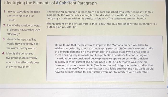 Identifying the Elements of a Coherent Paragraph 1. | Chegg.com