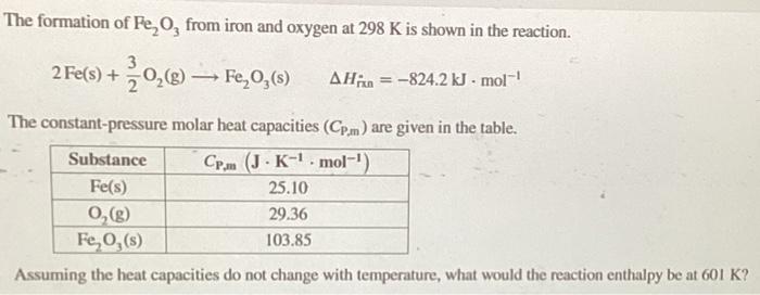 Solved The Formation Of Fe2o3 From Iron And Oxygen At 298 K
