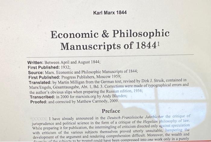 the article: Karl Marx 1844 Economic and Philosophic | Chegg.com