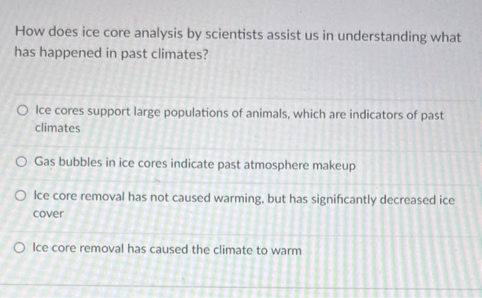 Solved How does ice core analysis by scientists assist us in | Chegg.com