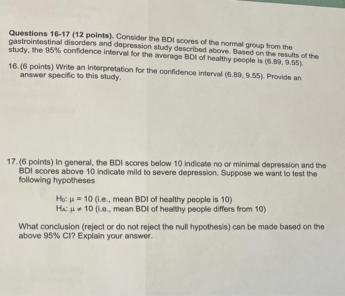 Solved Questions 16-17 (12 points). Consider the BDI scores | Chegg.com