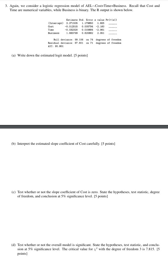 Solved Again, we consider a logistic regression model of AEL | Chegg.com